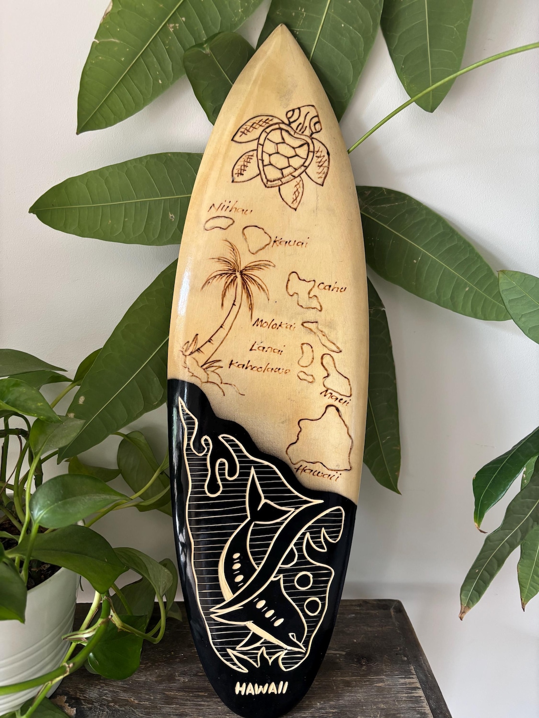 Hawaiian Hand Made 20" Burned Wood Surfboard Home Decor Carved W ...