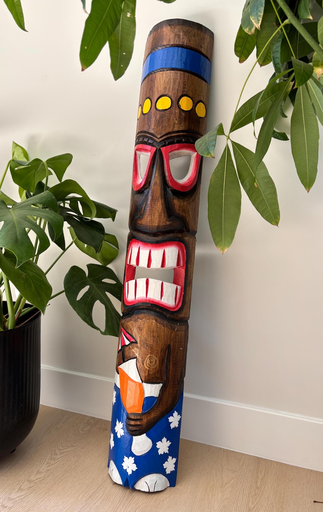 Hawaiian Islands Hand Made Carved Wooden 39" Painted Tiki Mask Wall ...