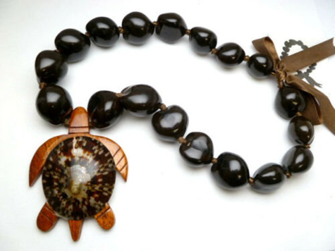 Abalone Shell Wooden Turtle Pendant Choker Brown Kukui Nut Lei | Etsy