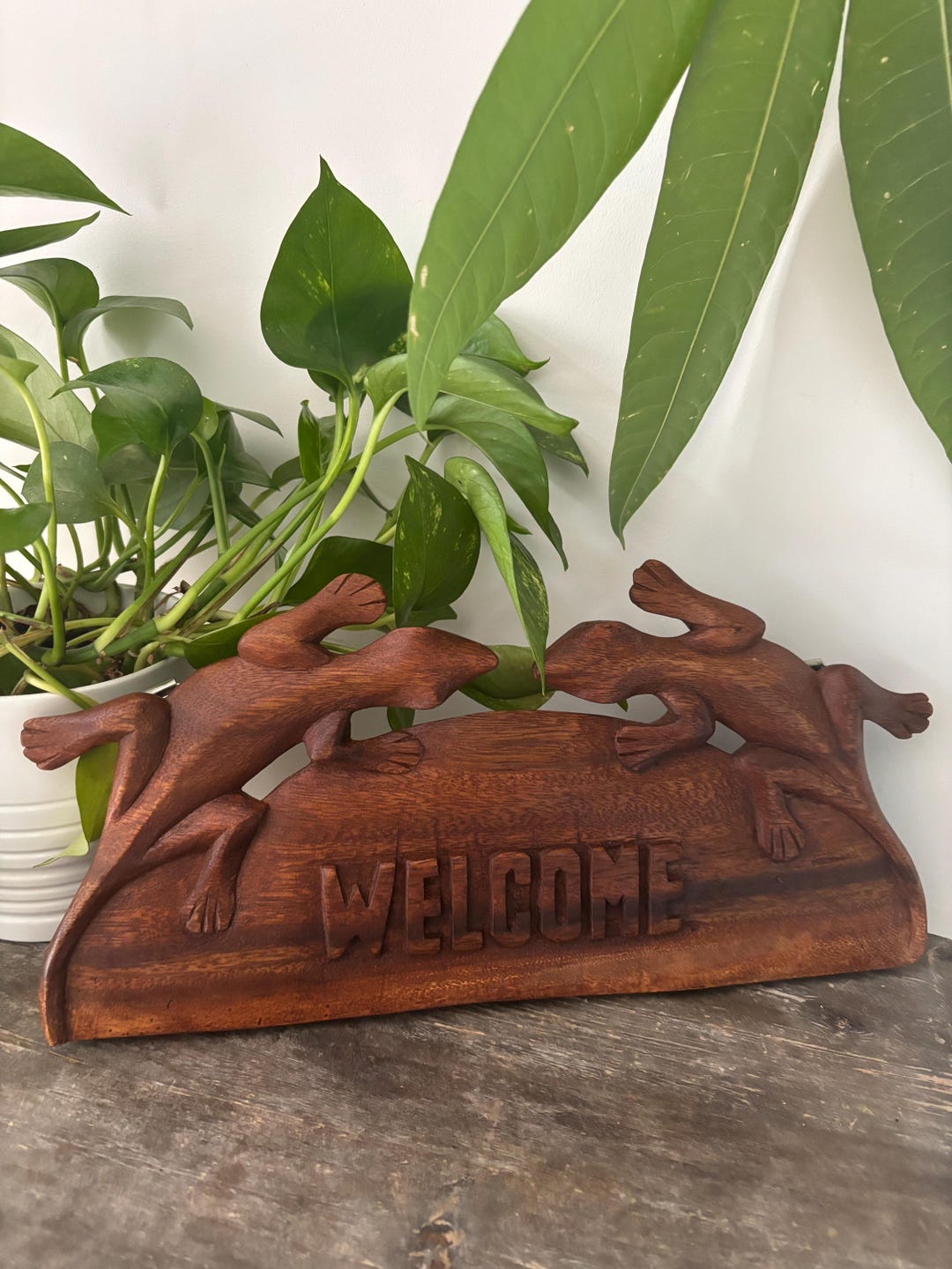 Hawaii Hand Made Wall Hanging Decor Plaques Wood "welcome" Gecko Tribal ...