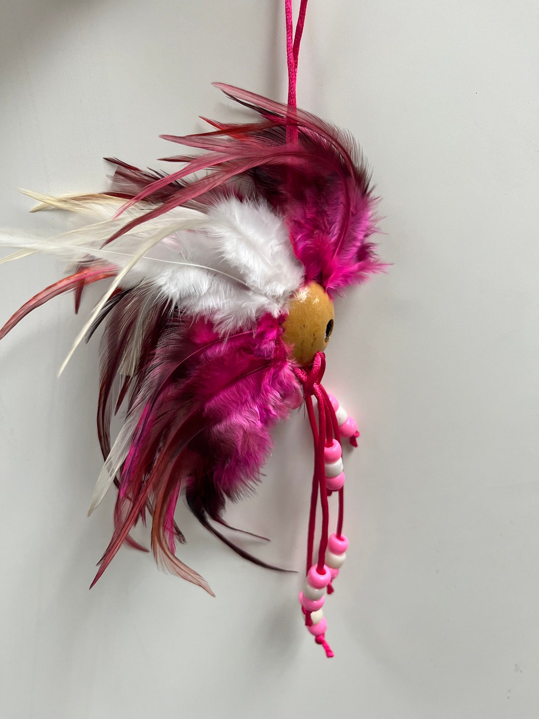 1" Kamani Nut Bright Pink White Feathers Ikaika Hawaiian Warrior Helmet ...