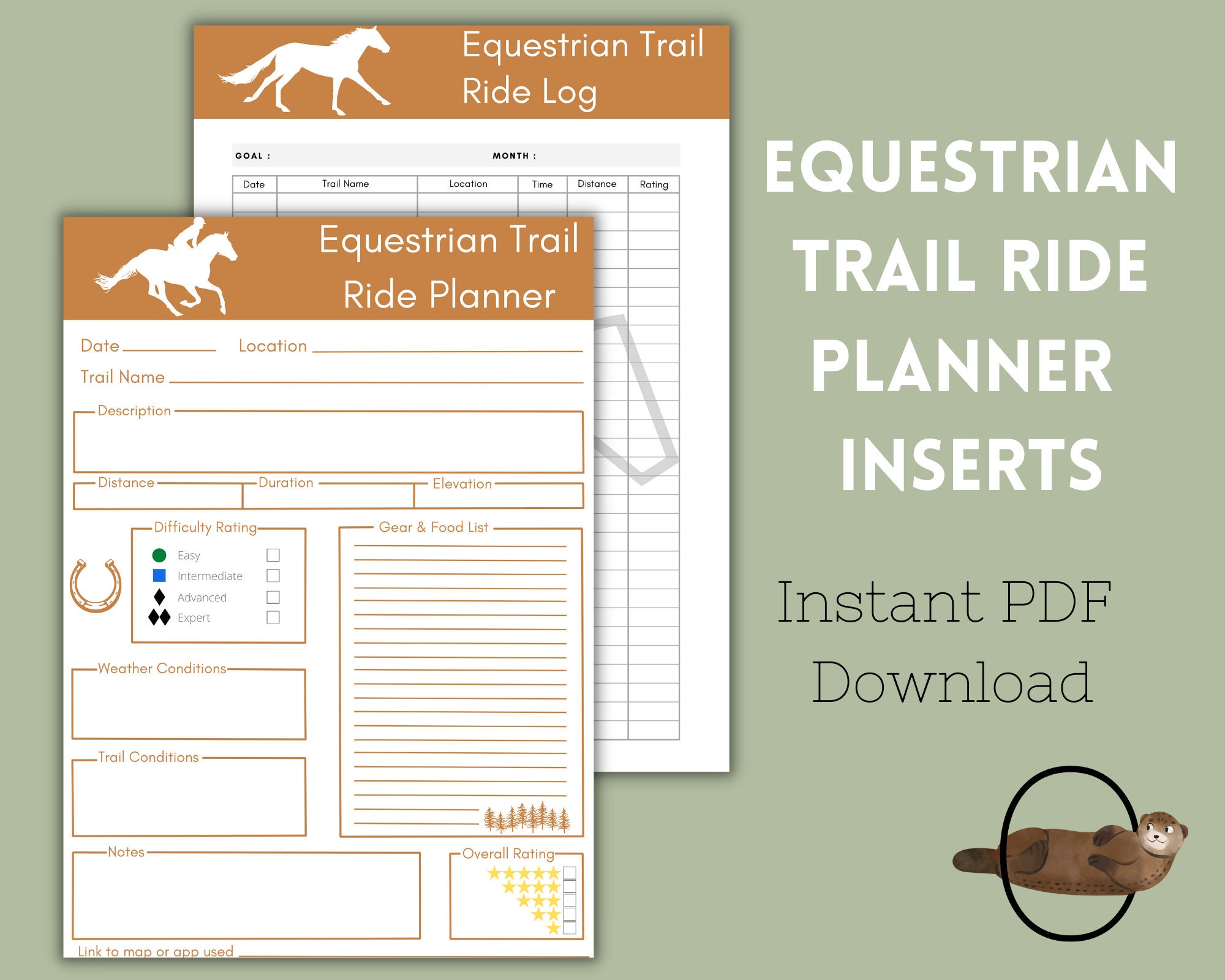 Printable Equestrian Trail Ride Planner and Log Insert Pack, Horse ...