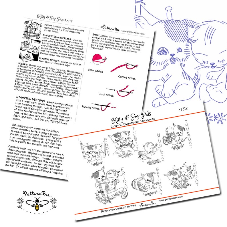 KITTY & PUP PALS: Vintage Embroidery Patterns Reprinted as Hot Iron ...
