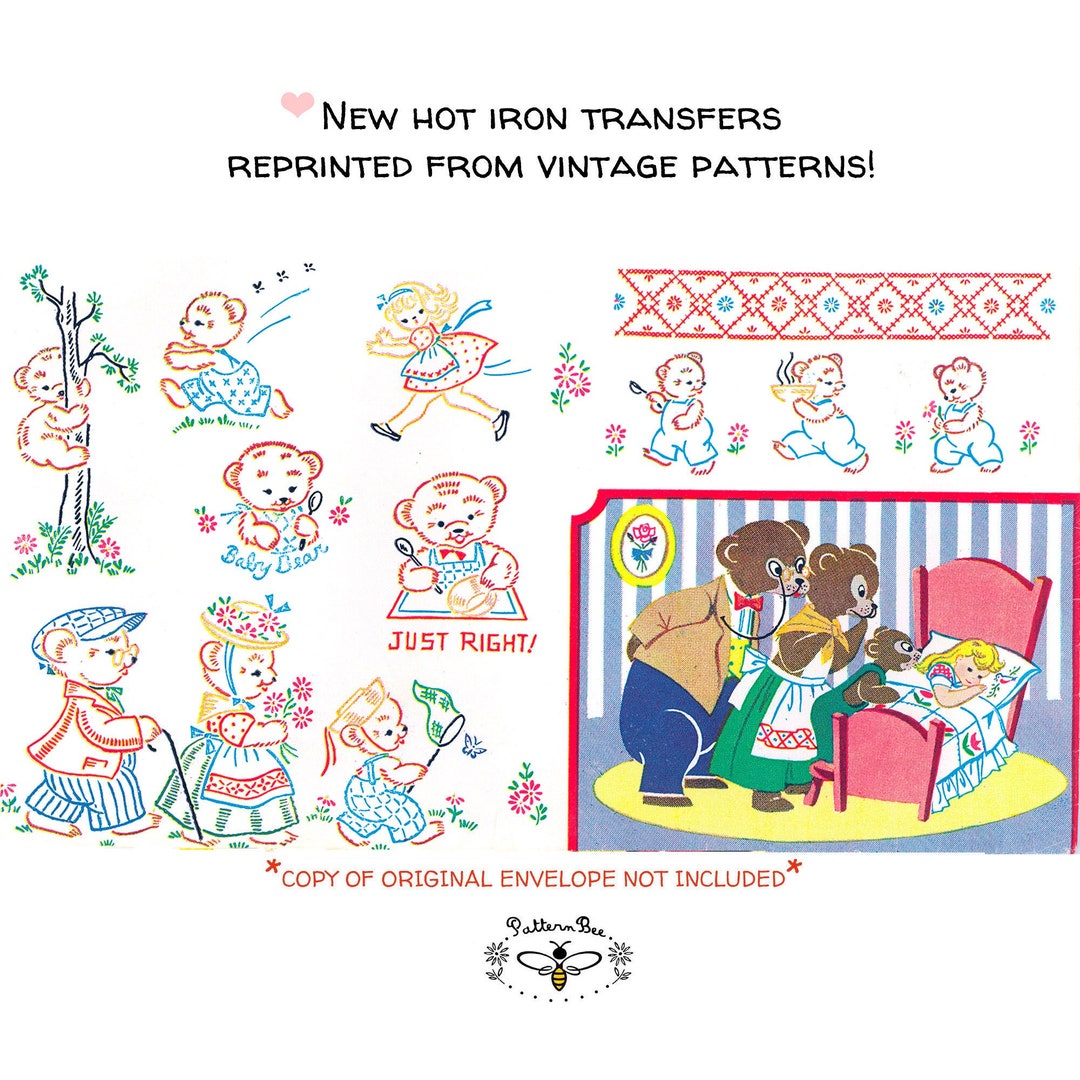 GOLDILOCKS & 3 BEARS Vintage Embroidery Patterns Reprinted as Hot Iron ...
