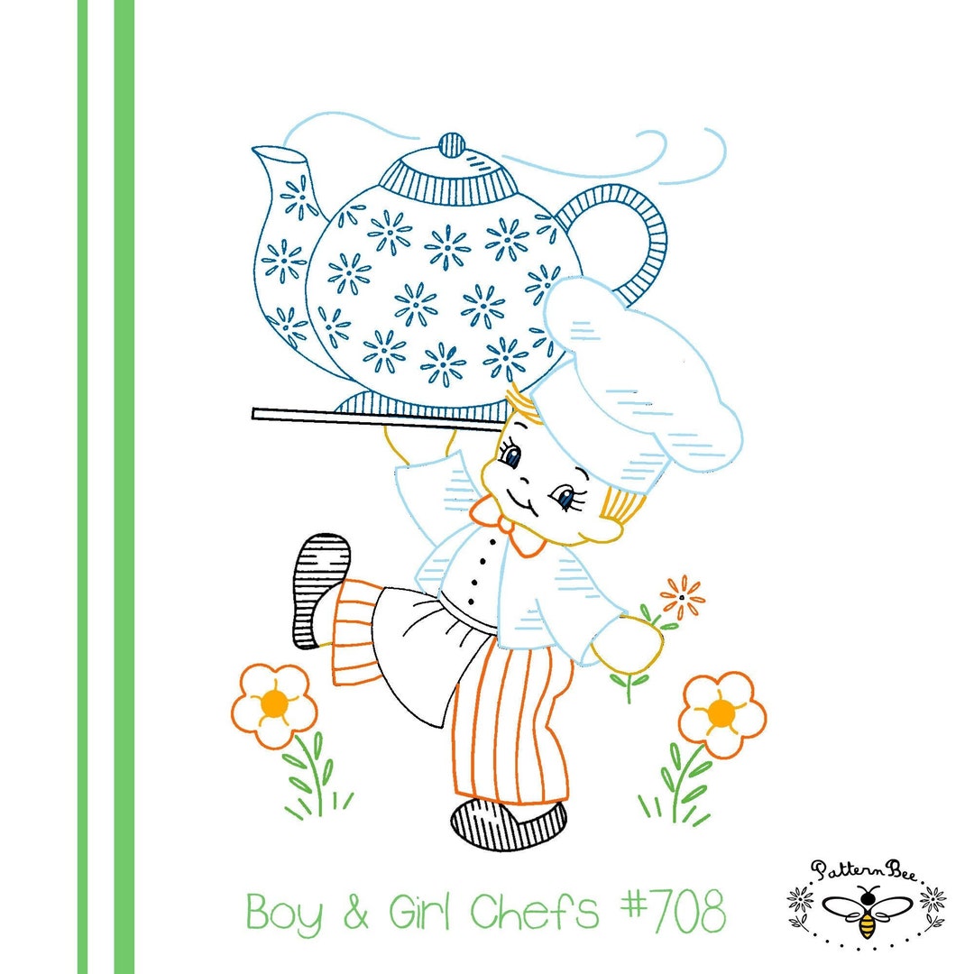 BOY & GIRL CHEFS #708 Kitchen Tea Towel Motifs Vintage Embroidery ...