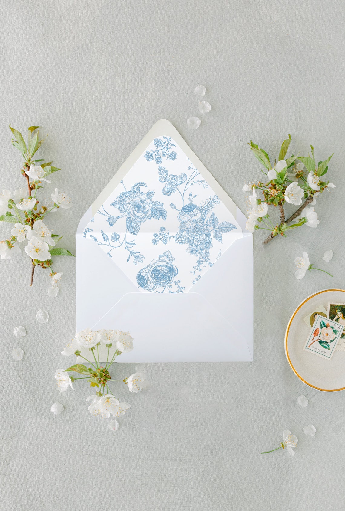 Blue Floral Toile De Jouy Envelope Liner Template (digital Download) - Etsy