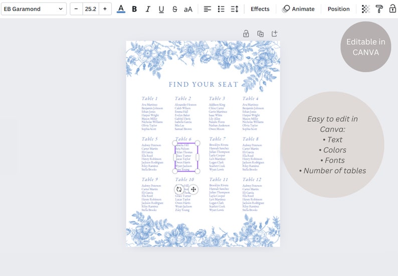 Blue Floral Wedding Seating Chart Template, Printable Table Plan (canva ...