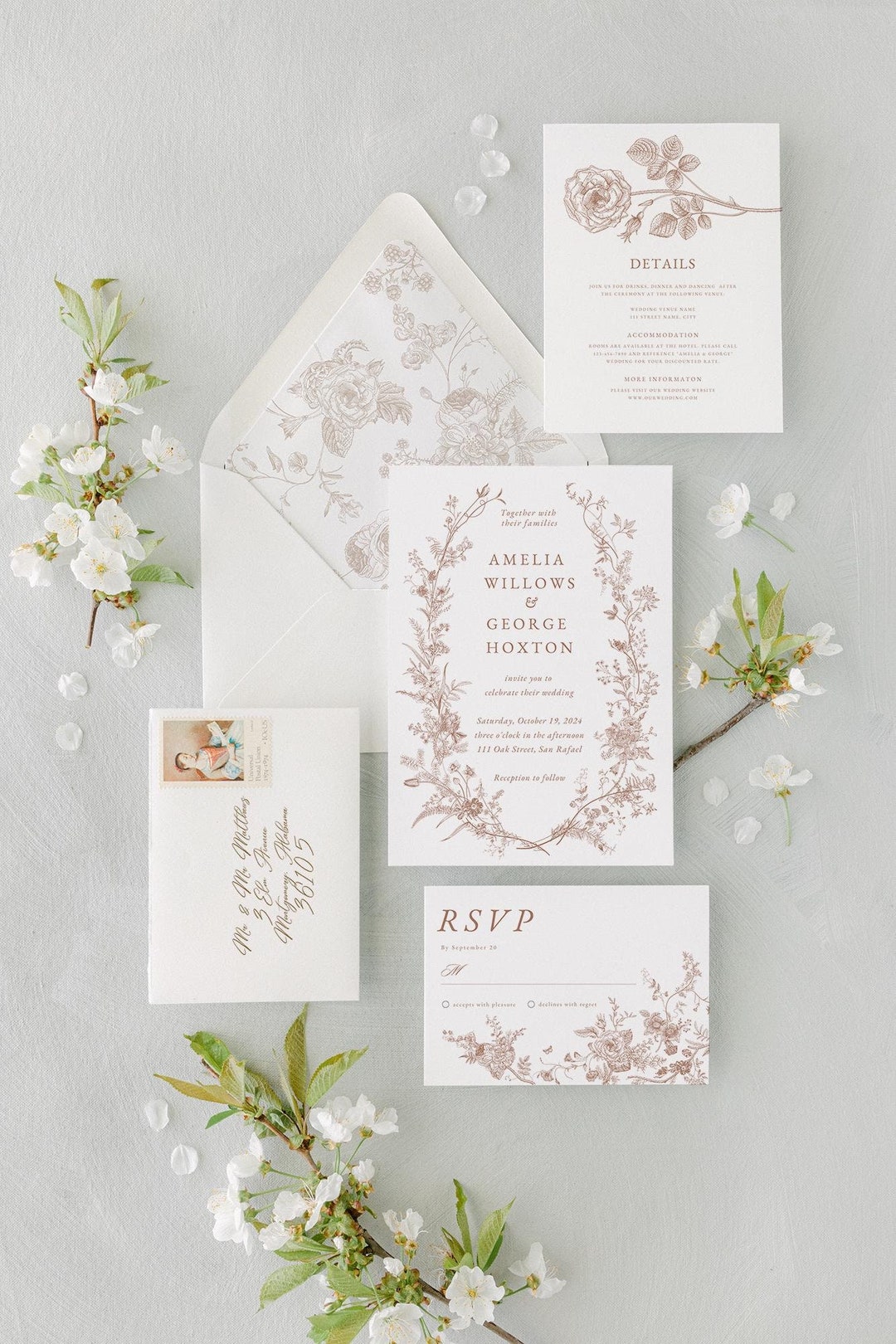 Mocha Mousse Wedding Invitation Suite, Floral RSVP Template (digital ...