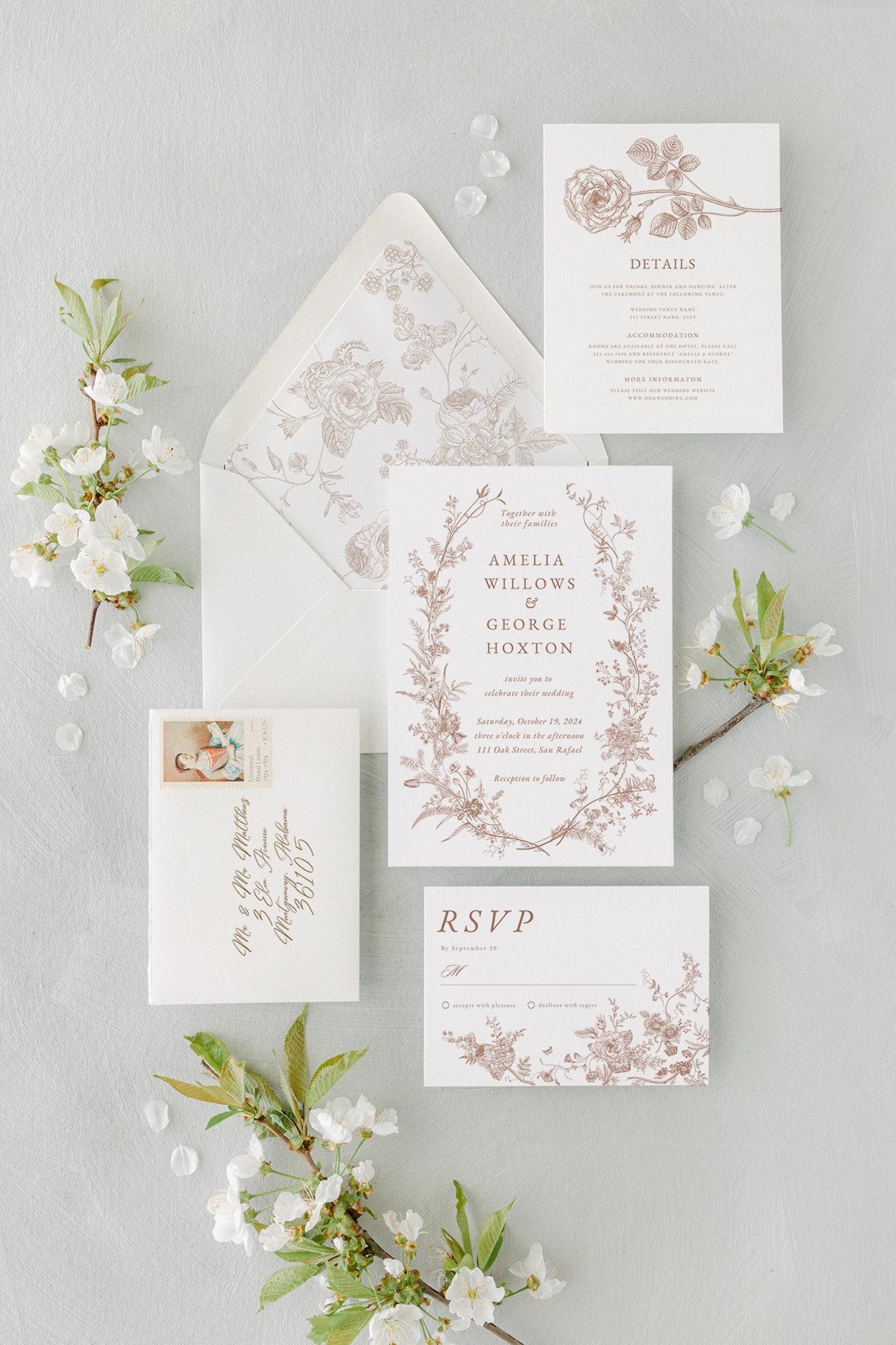 Mocha Mousse Wedding Invitation Suite, Floral RSVP Template (digital ...