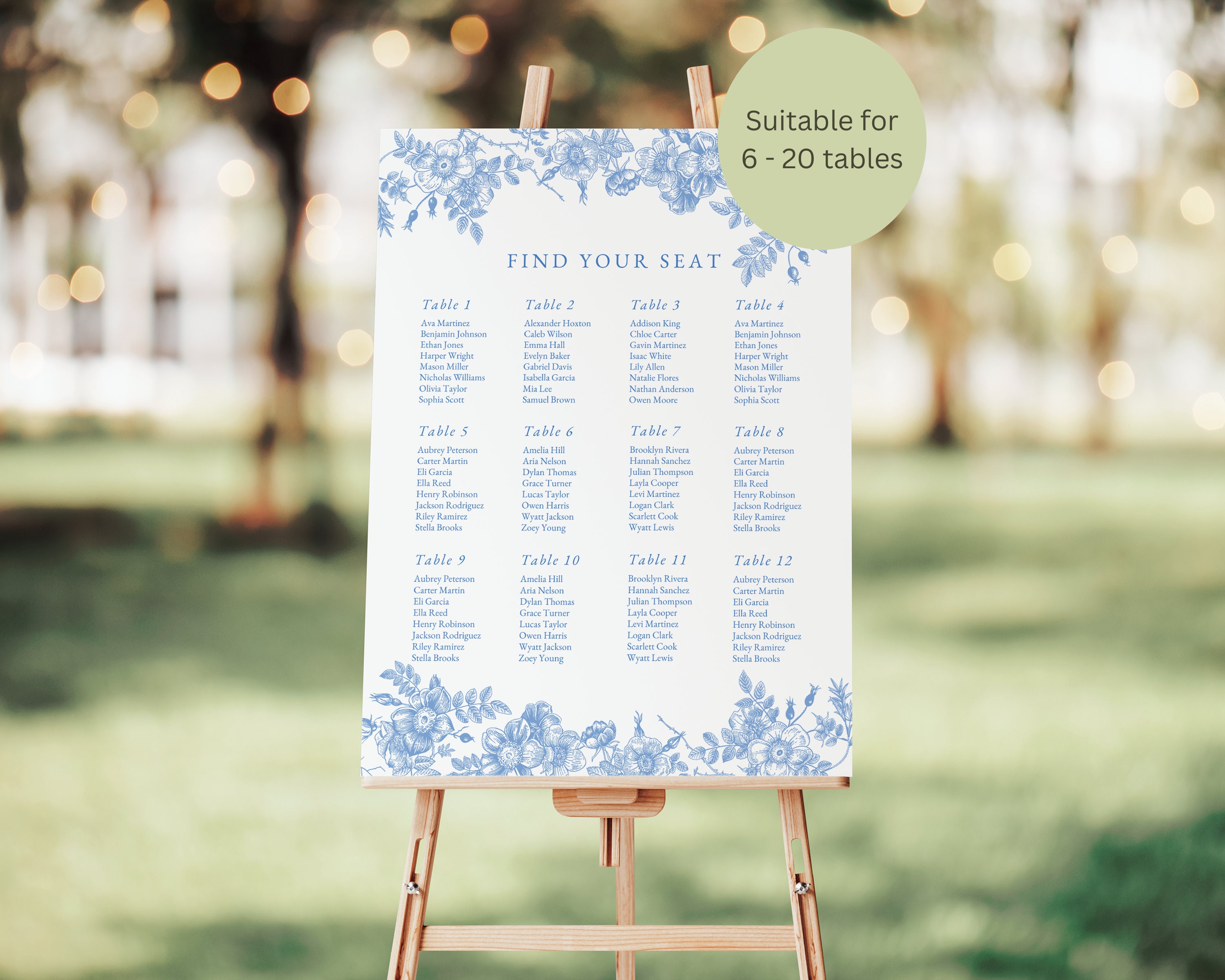Blue Floral Wedding Seating Chart Template, Printable Table Plan (canva ...
