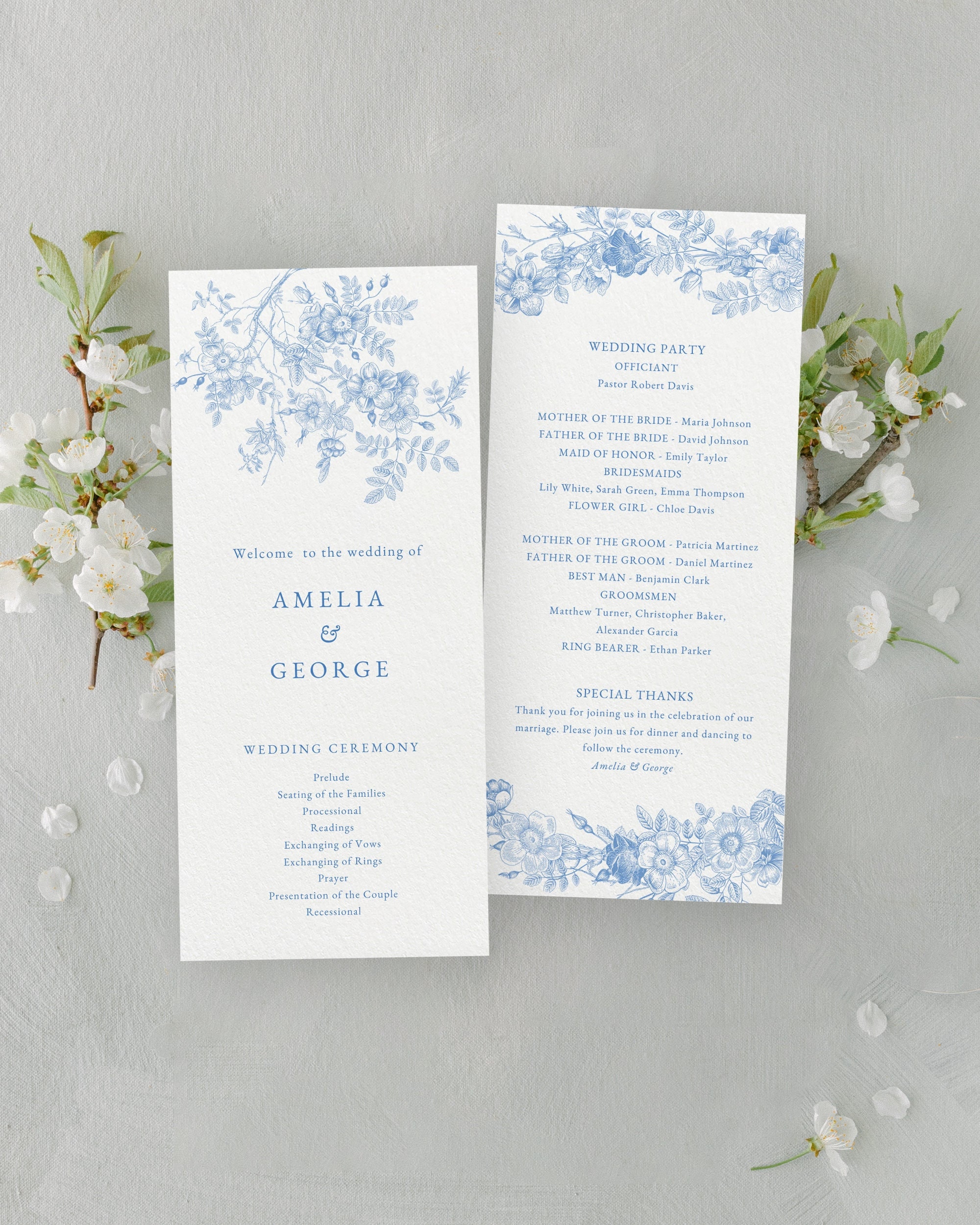 Wedding Program Template Blue With Roses Pattern, Floral Wedding ...
