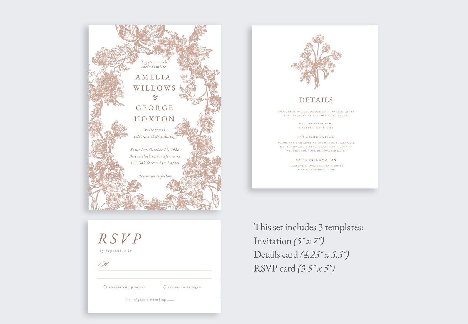 Floral Wedding Invitation Suite, Mocha Mousse Template (canva) - Etsy