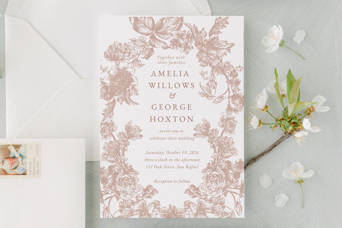 Floral Wedding Invitation Suite, Mocha Mousse Template (canva) - Etsy