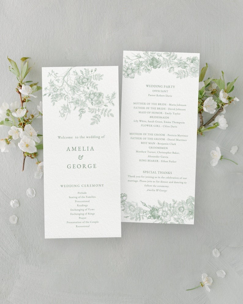 Sage Green Wedding Program Template With Wildflowers, Floral Wedding ...
