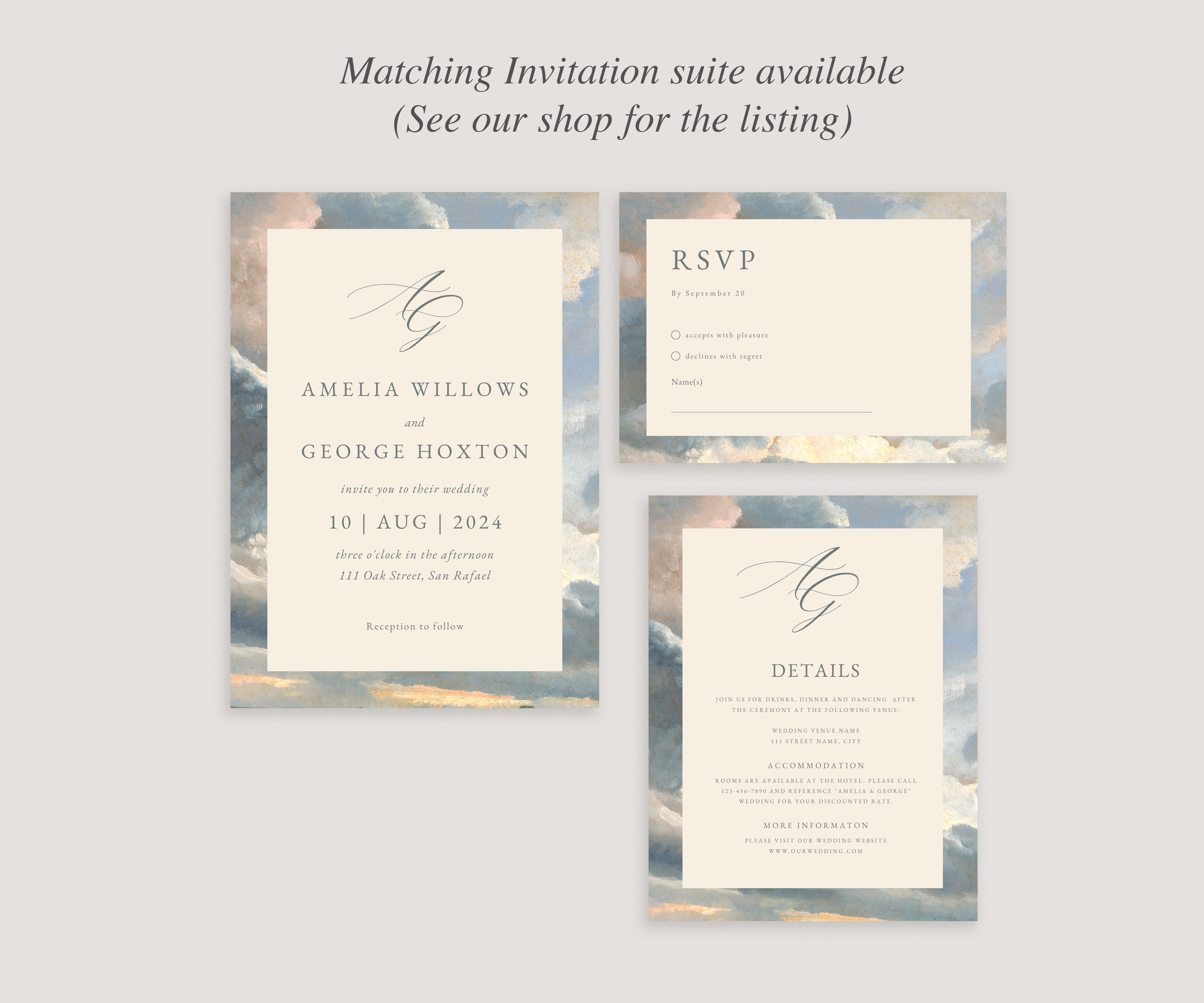 Envelope Liner Template Sky Cloud Printable, Fine Art, Vintage Wedding ...