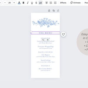 Printable Wedding Menu Template With Blue Roses, Wedding Menu Card With ...