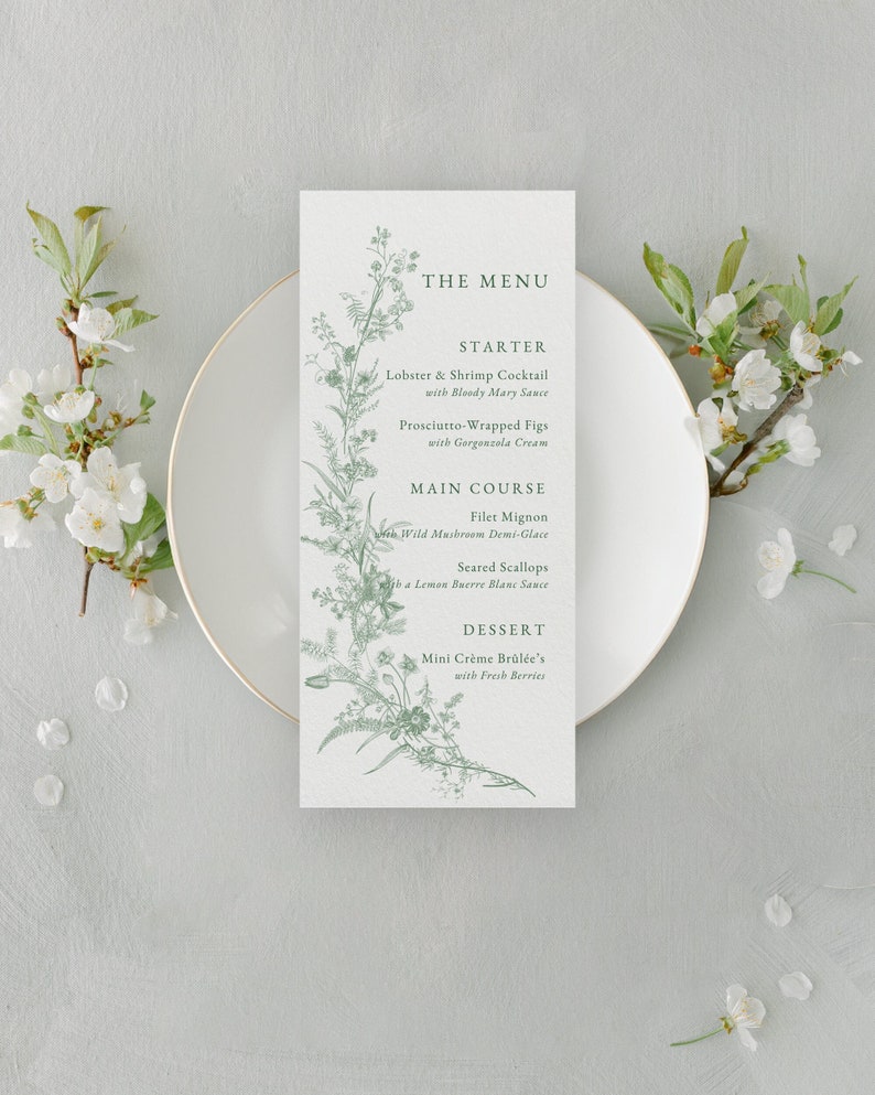 Wildflower Wedding Menu Template, Sage Green, Editable Canva (digital ...