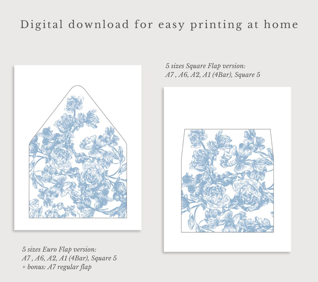 Blue Floral Envelope Liner Template, Vintage Wedding (digital Download ...