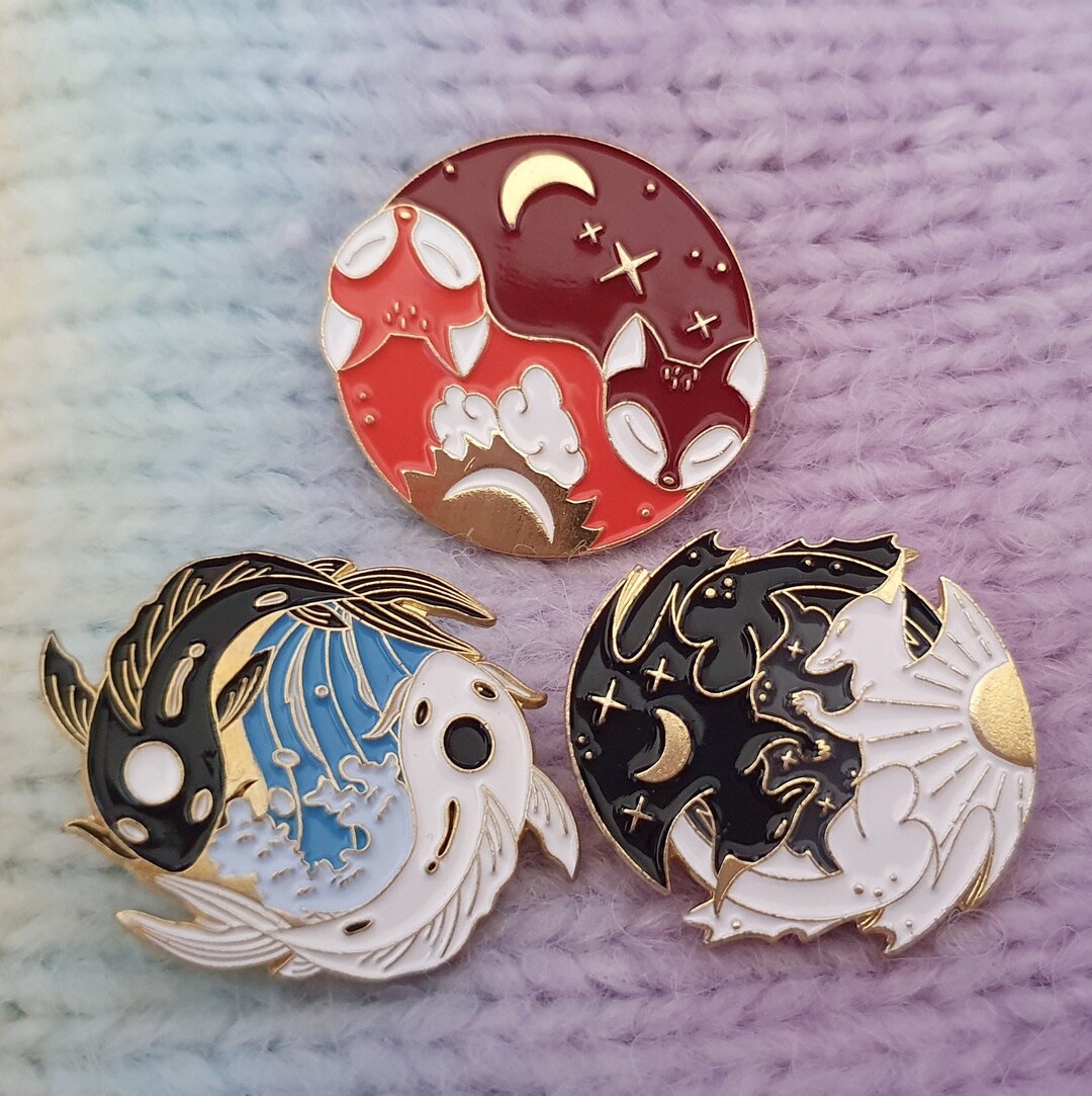 Yin Yang Style Enamel Pins, Dragon, Koi, Fox Pin Badge, Ocean, Black and White Badges, Pins ...