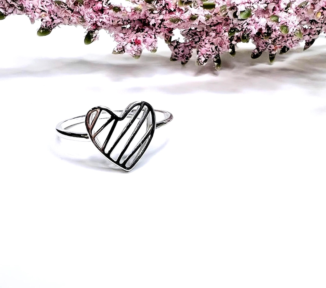 Sterling Silver Open Heart Ring, Abstract Design Modern Heart Jewelry ...