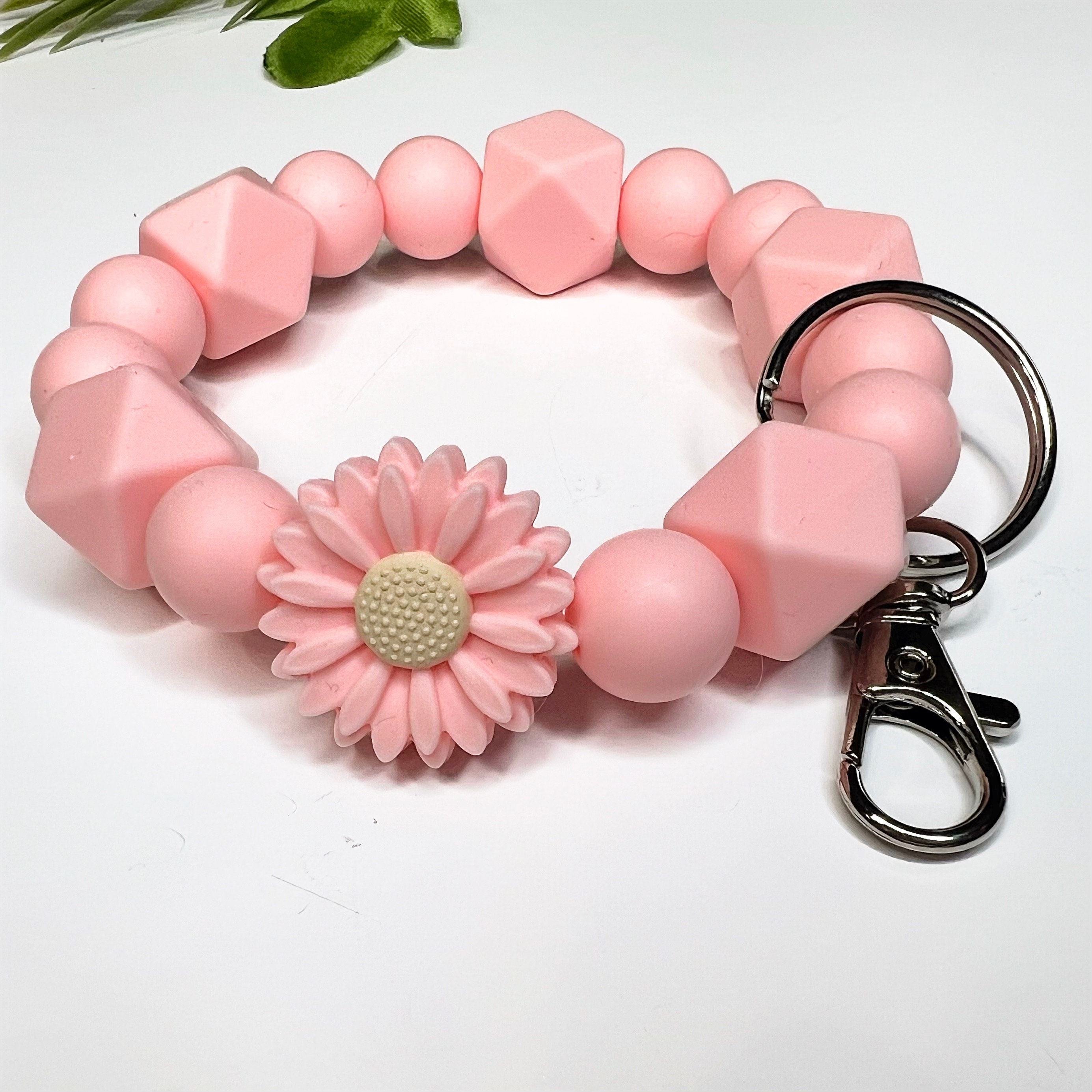 Silicone Bead Wristlet Keychain With Flower, Stretch Beaded Bracelet ...