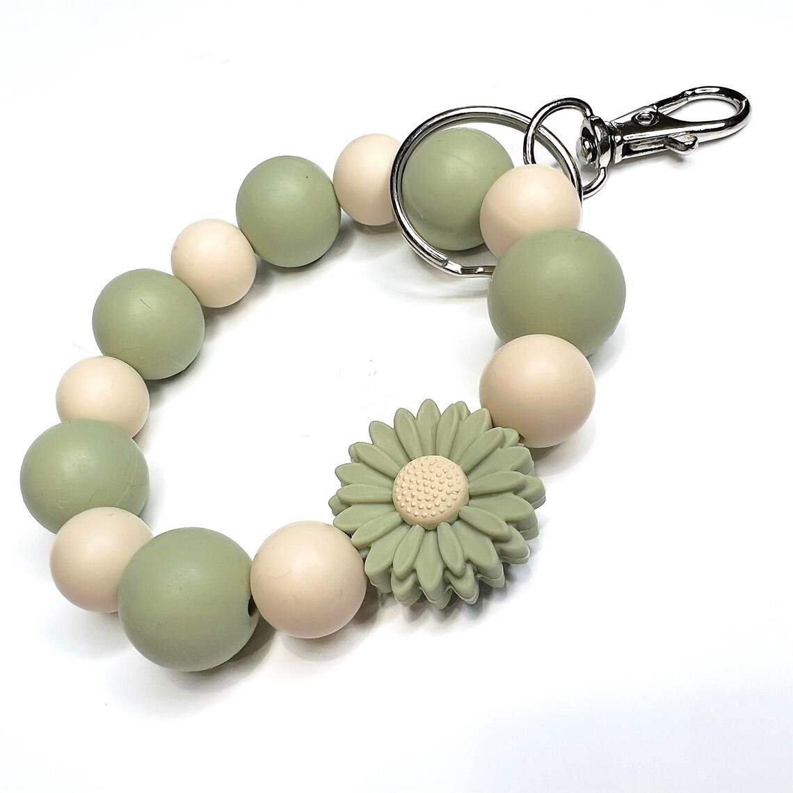 Flower Silicone Bead Keychain Bracelet, Sage Green Stretch Beaded ...