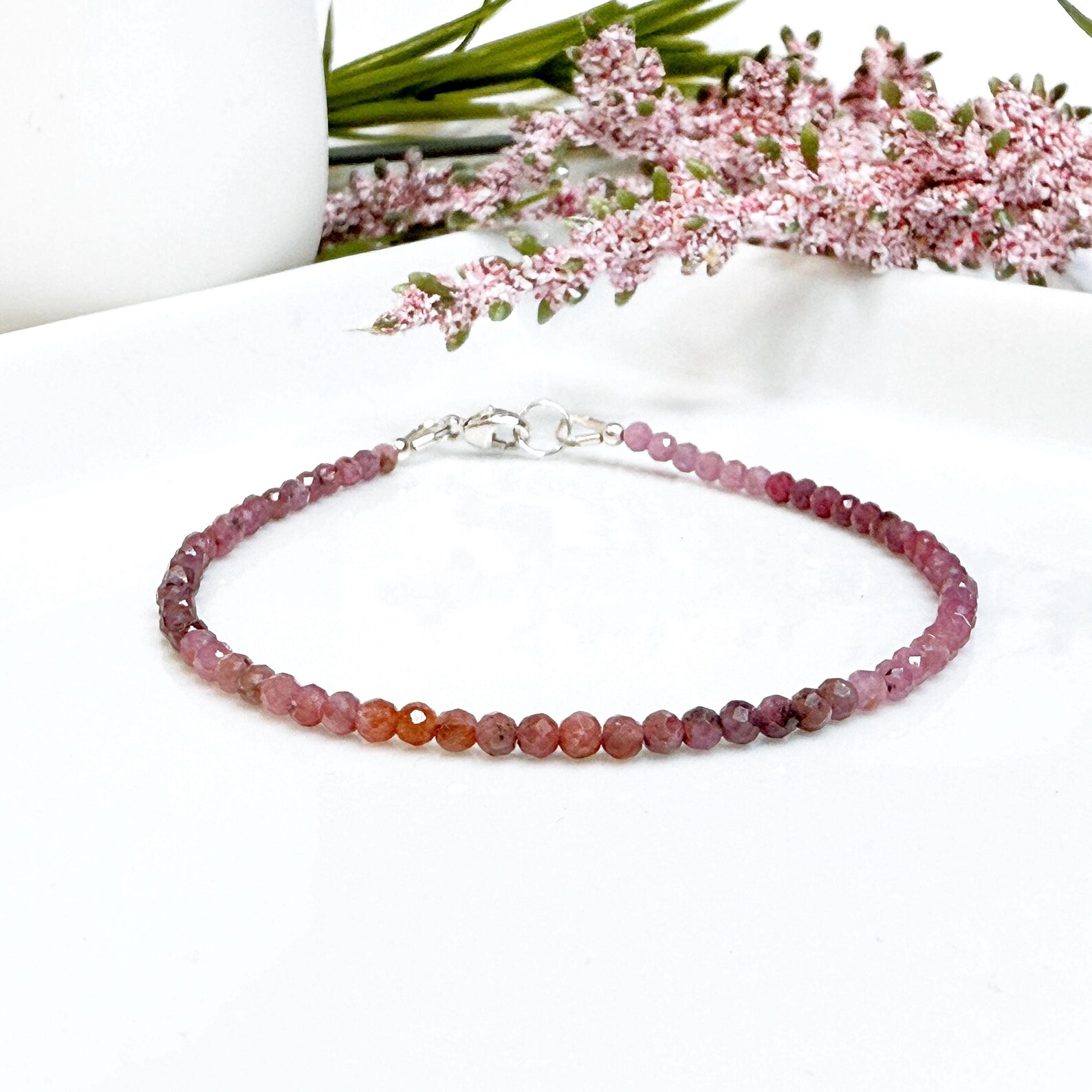Natural Ruby Beaded Bracelet, July Birthstone, Red & Pink Ombre ...