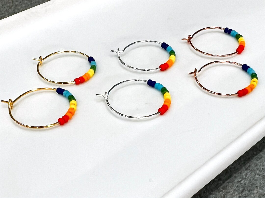 Rainbow Seed Bead Hoop Earrings, Small Rainbow Hoops, Colorful Beaded ...