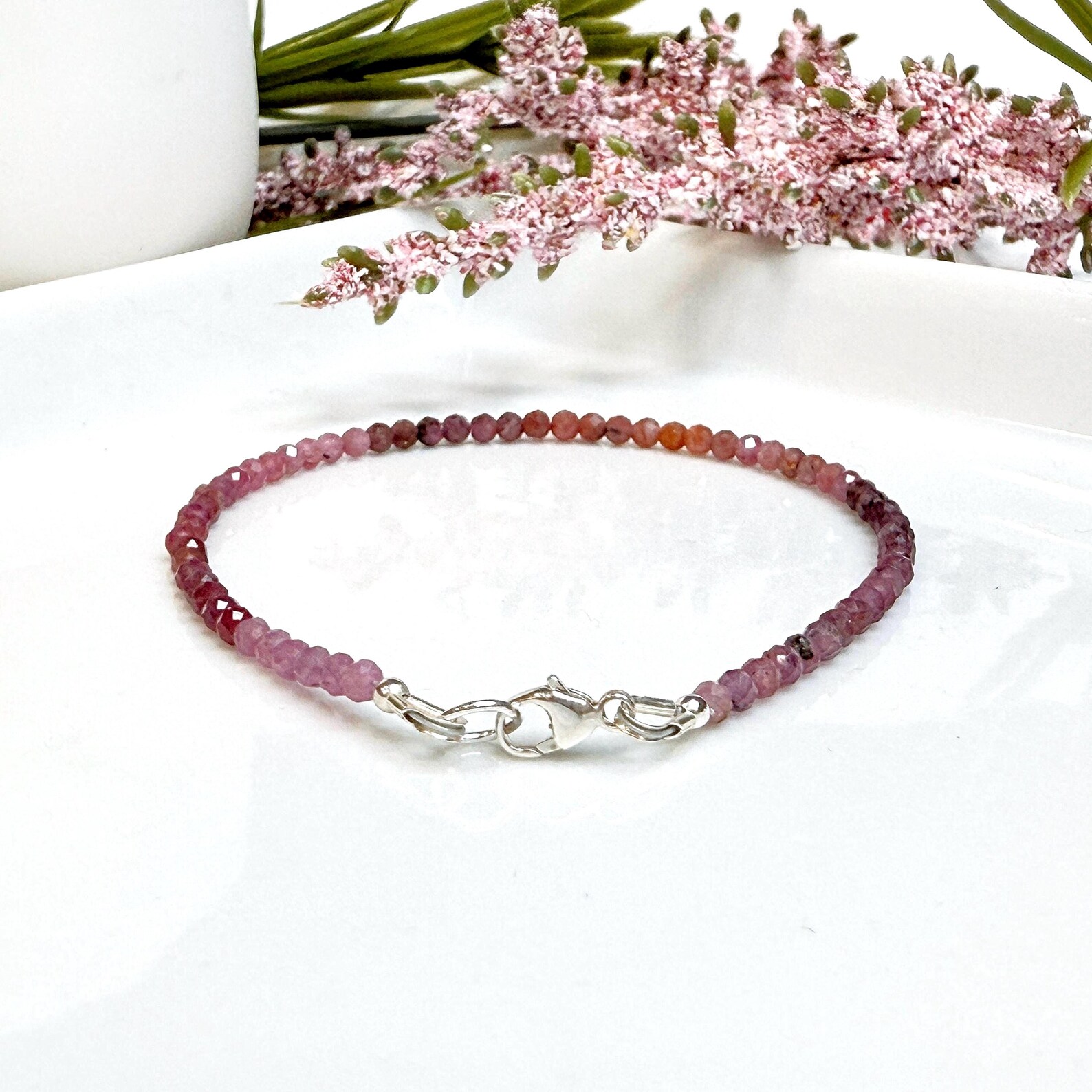 Natural Ruby Beaded Bracelet, July Birthstone, Red & Pink Ombre ...