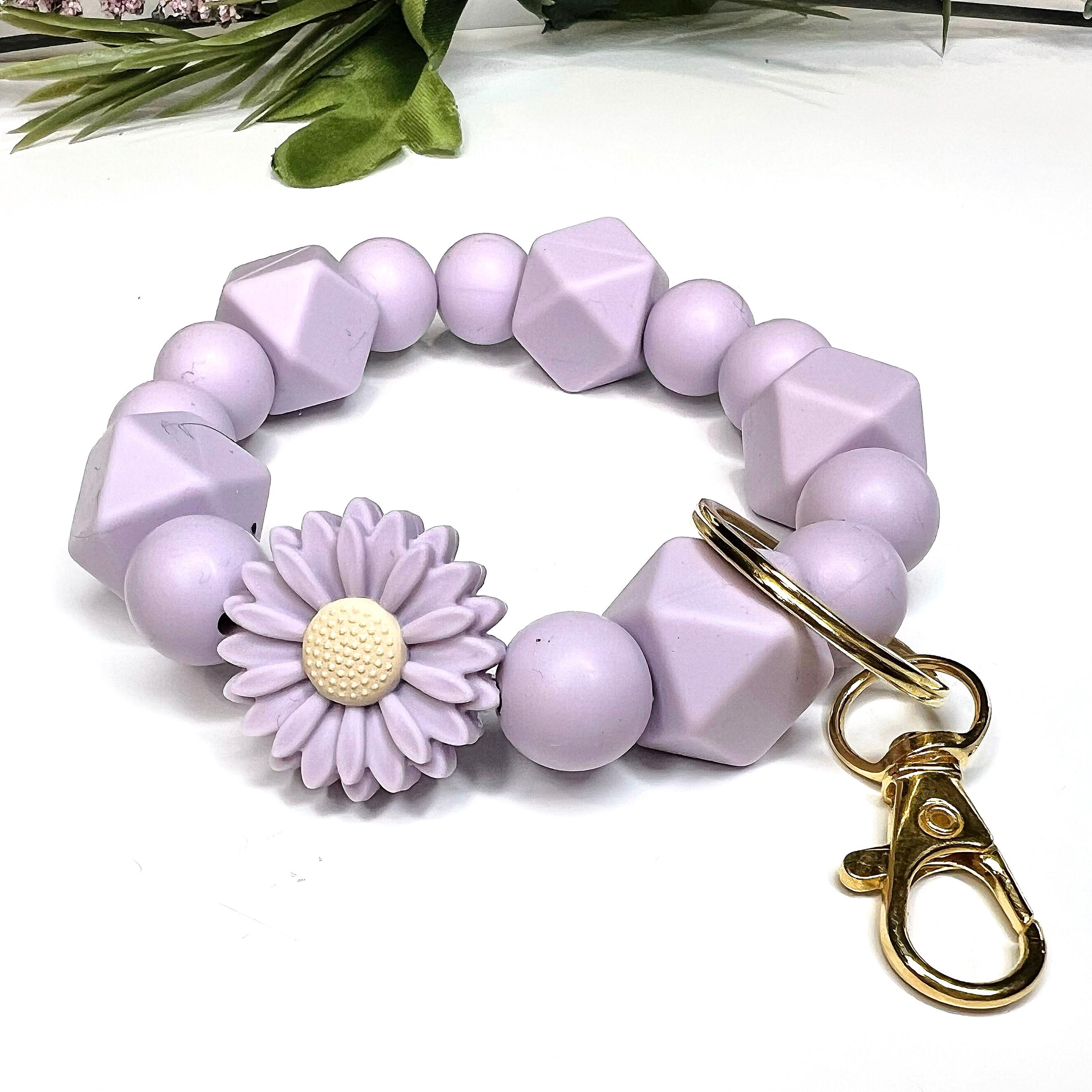 Silicone Bead Wristlet Keychain With Flower, Stretch Beaded Bracelet ...