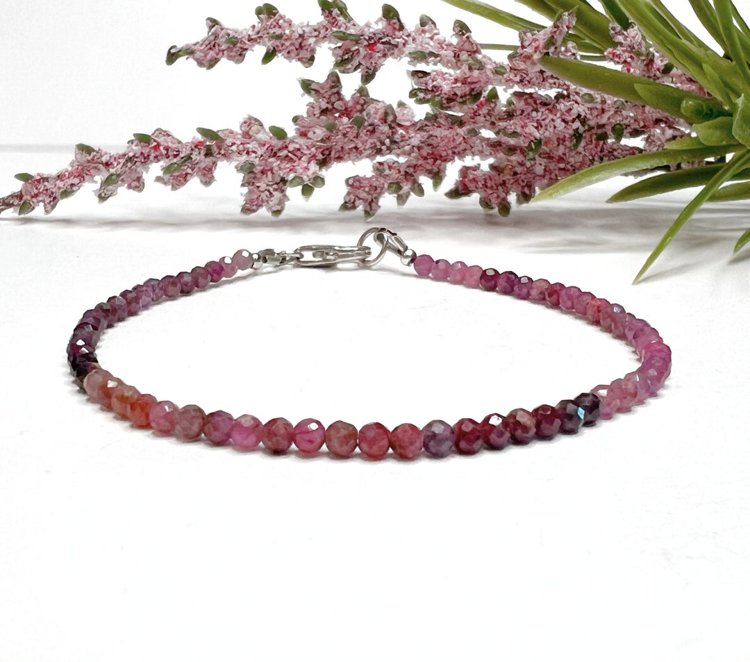 Natural Ruby Beaded Bracelet, July Birthstone, Red & Pink Ombre ...