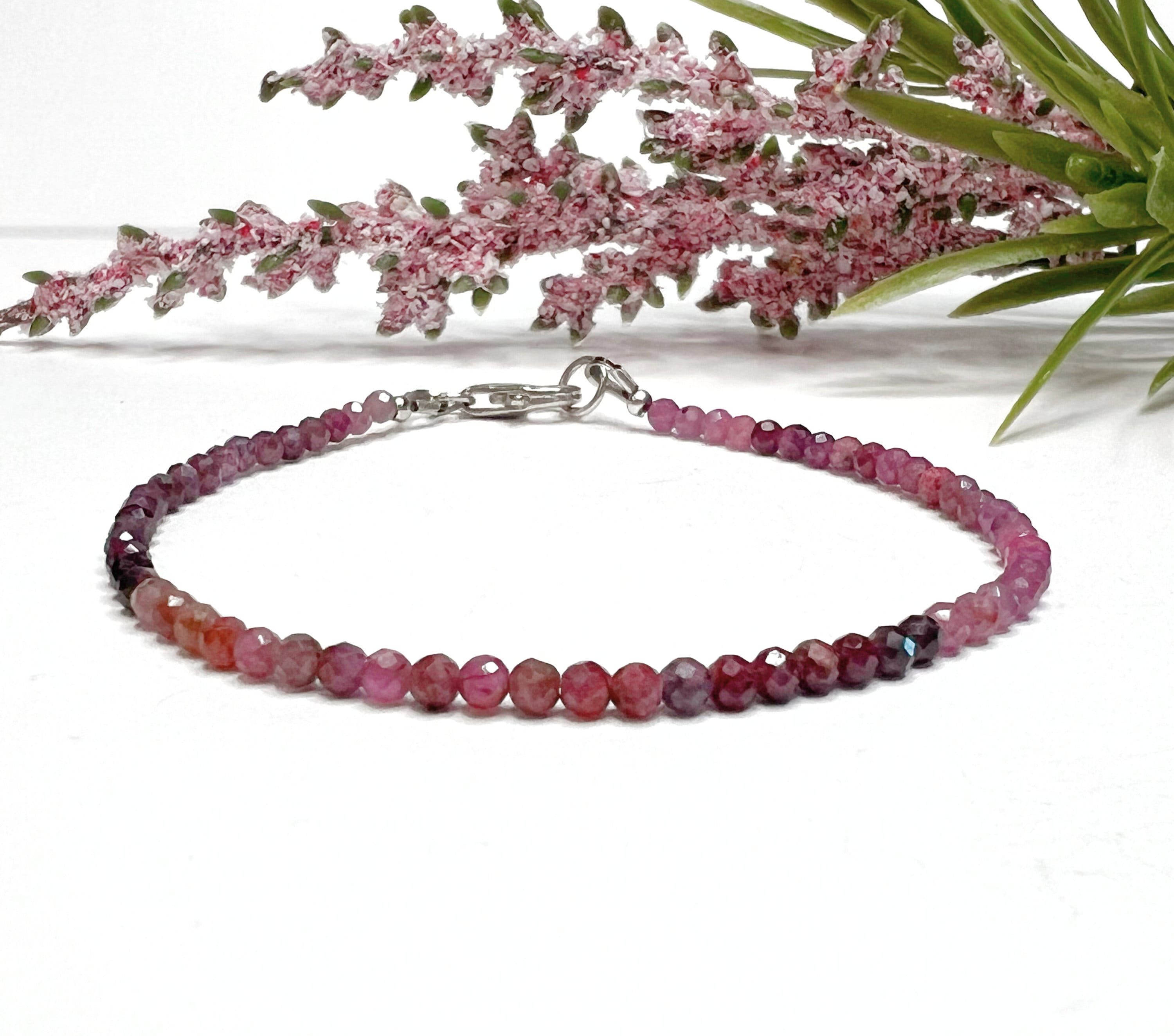 Natural Ruby Beaded Bracelet, July Birthstone, Red & Pink Ombre ...