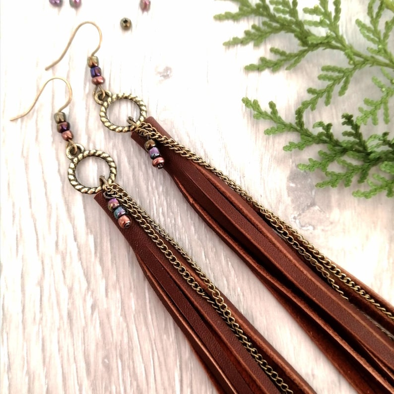 Long Genuine Leather Fringe Earrings for Women Dangle Boho - Etsy