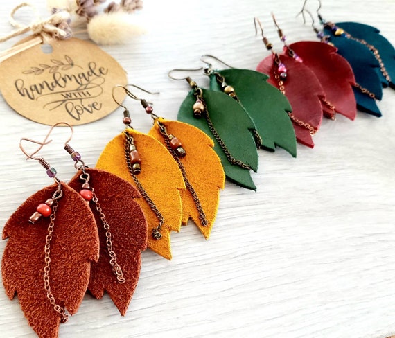 Leather and Suede Earrings for Women Boho Western Feather Leaf Earrings for Women Brown Orange Dangle Earring Hand Made Craft Unique Jewelry Etsy