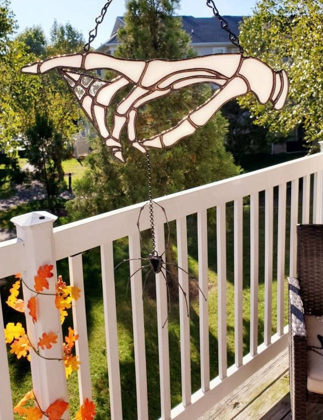 Stained Glass Skeleton Hand With Hanging Spider Halloween Decor ...