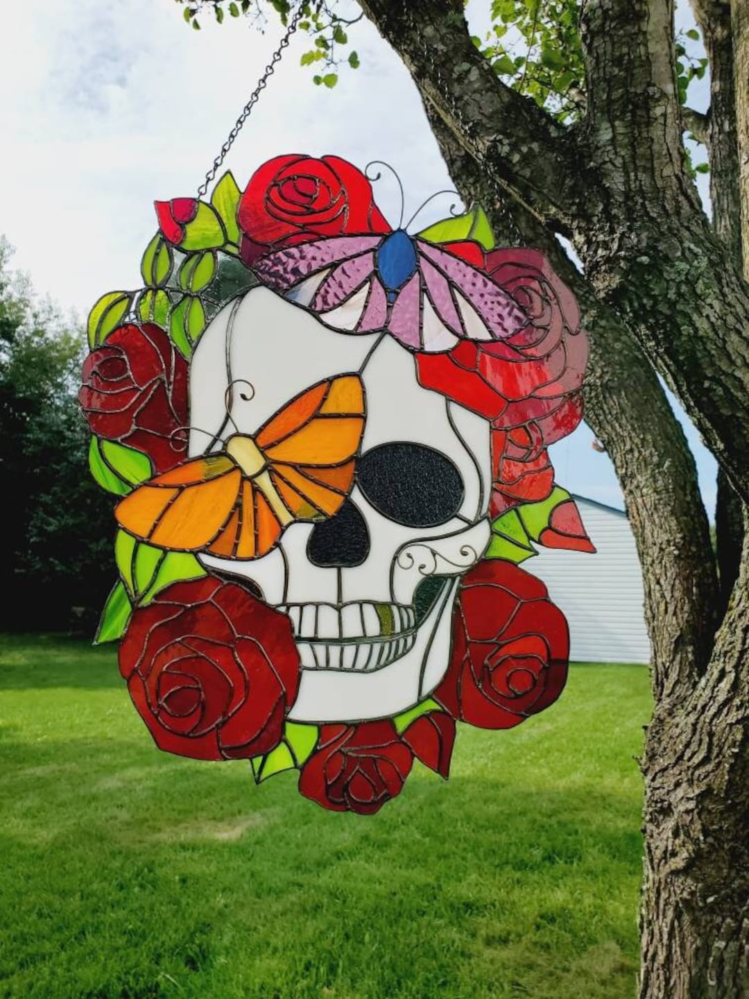 Stained Glass Sugar Skull Suncatcher Panel, Gothic Decor, Halloween ...