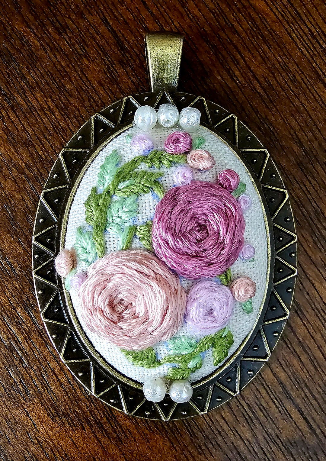 Tea Garden - Hand Embroidered Pendant Necklace, Antique Bronze Pendant ...