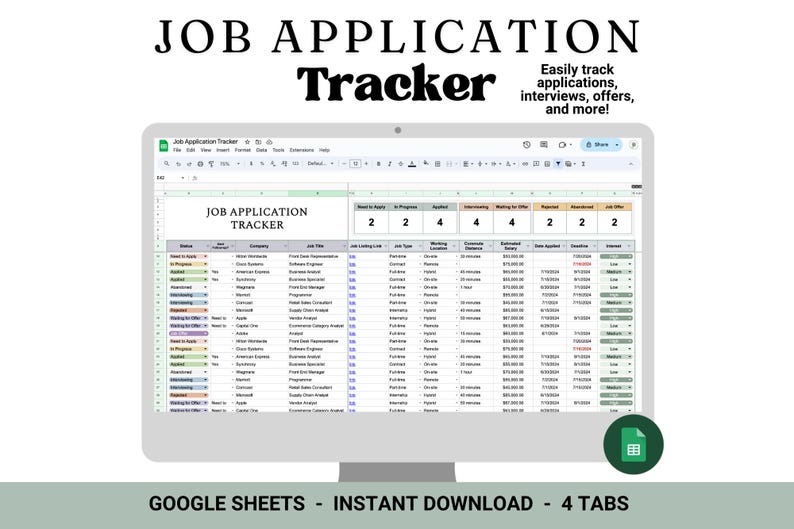Job Application Tracker: Google Sheets Template (digital Download) - Etsy