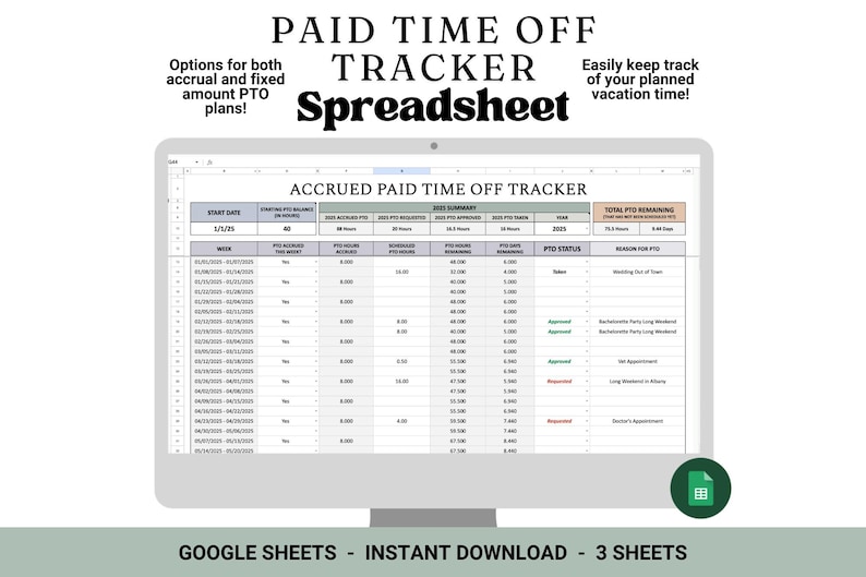 Paid Time off Tracker: PTO Vacation Planner Google Sheets (instant ...