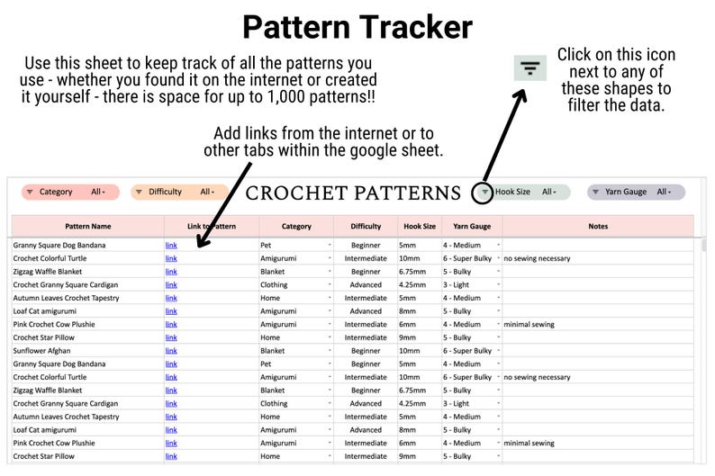 Crochet Planning Spreadsheet Bundle Google Sheets Crochet Inventory ...