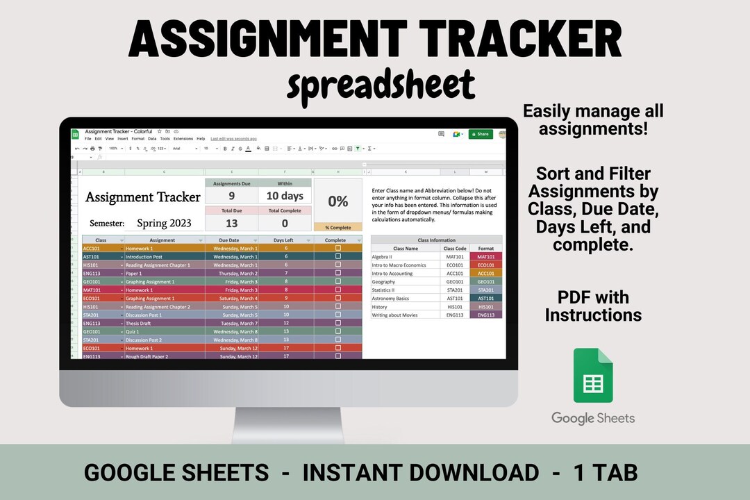 Assignment Tracker, Student Planner, Homework Planner, Google Sheets ...