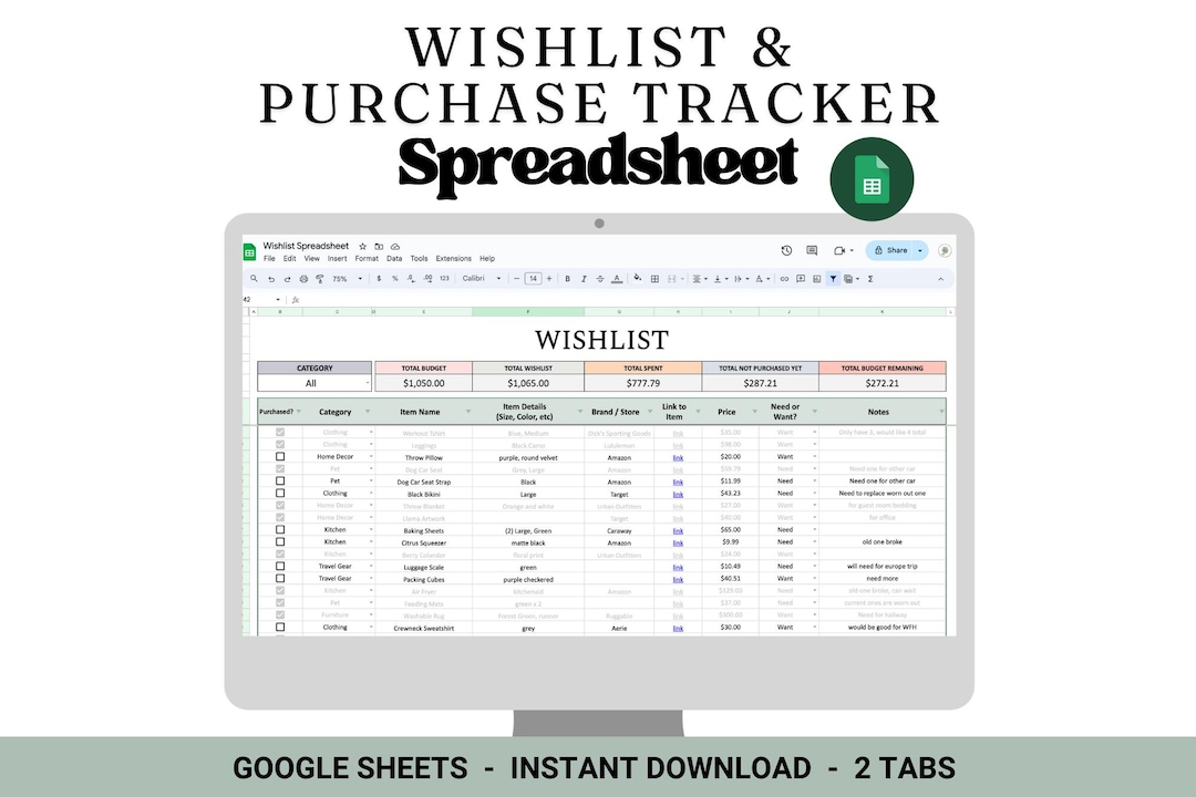 Wishlist and Purchase Tracker Spreadsheet | Google Sheets Template ...