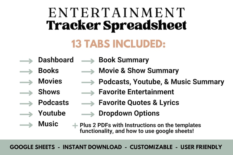 Entertainment Tracker Spreadsheet: Movie, Show, Book, Music, Google ...