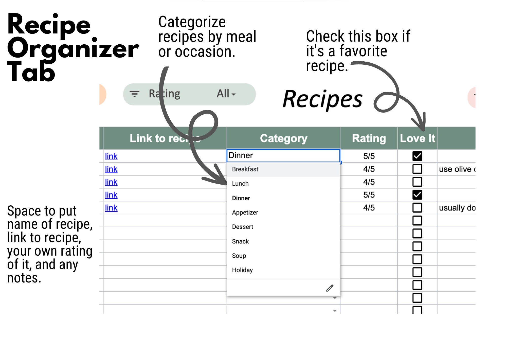 Recipe Organizer Spreadsheet: Google Sheets Template (instant Digital ...
