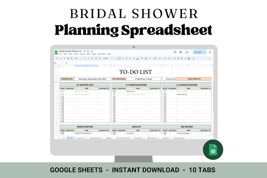 Bridal Shower Planning Spreadsheet: Google Sheets Template (digital ...