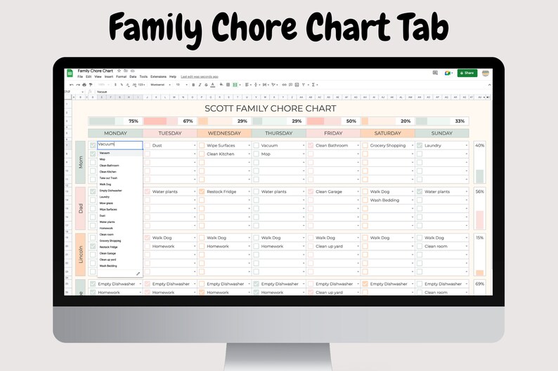 Family Chore Chart Google Sheets Customizable Spreadsheet Template ...