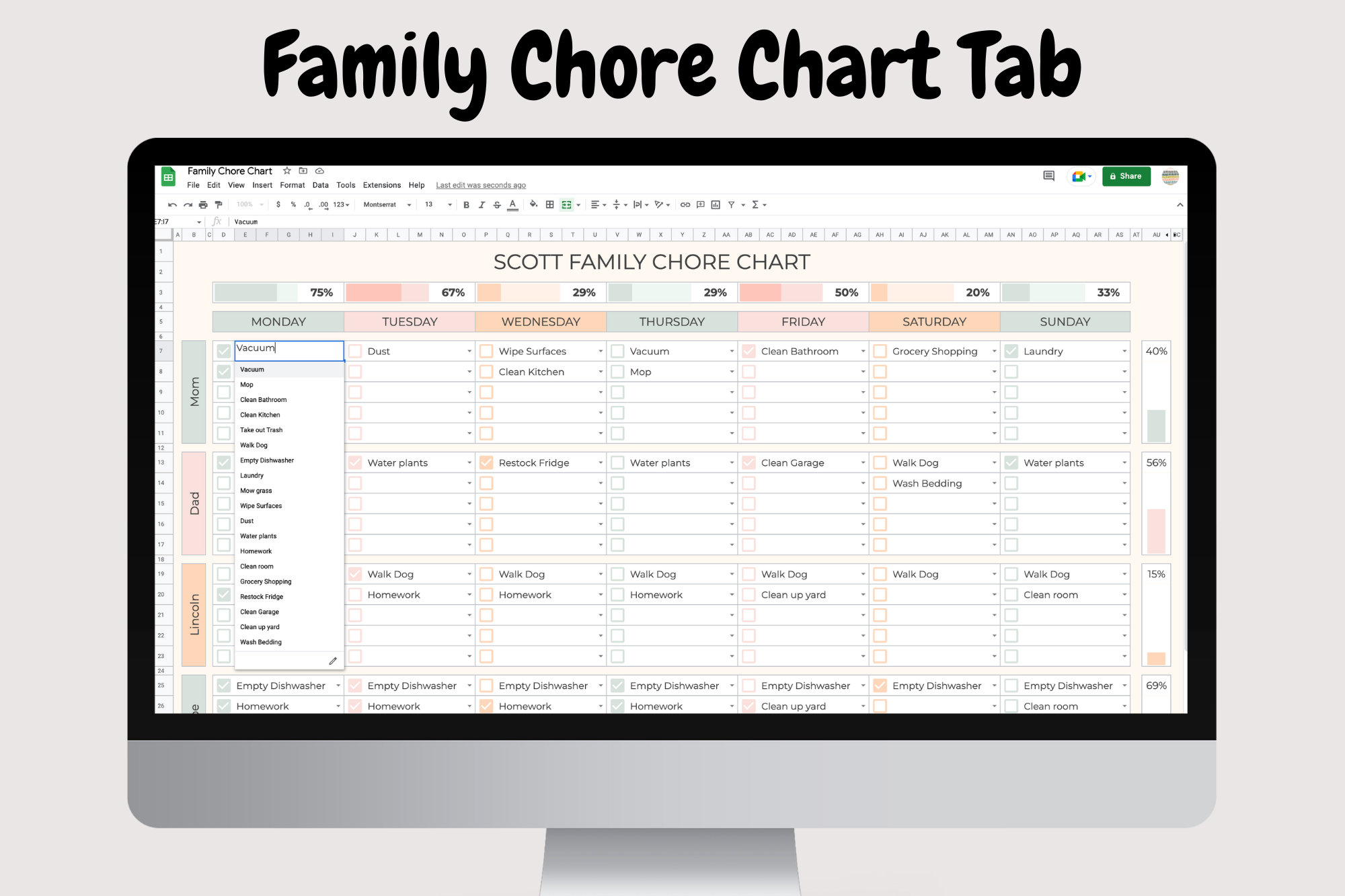 Family Chore Chart Google Sheets Customizable Spreadsheet Template ...