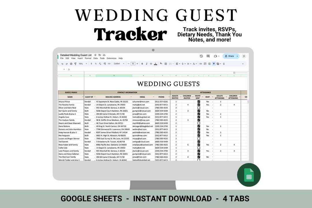 Wedding Guest List Tracker | Google Sheets Spreadsheet Template ...