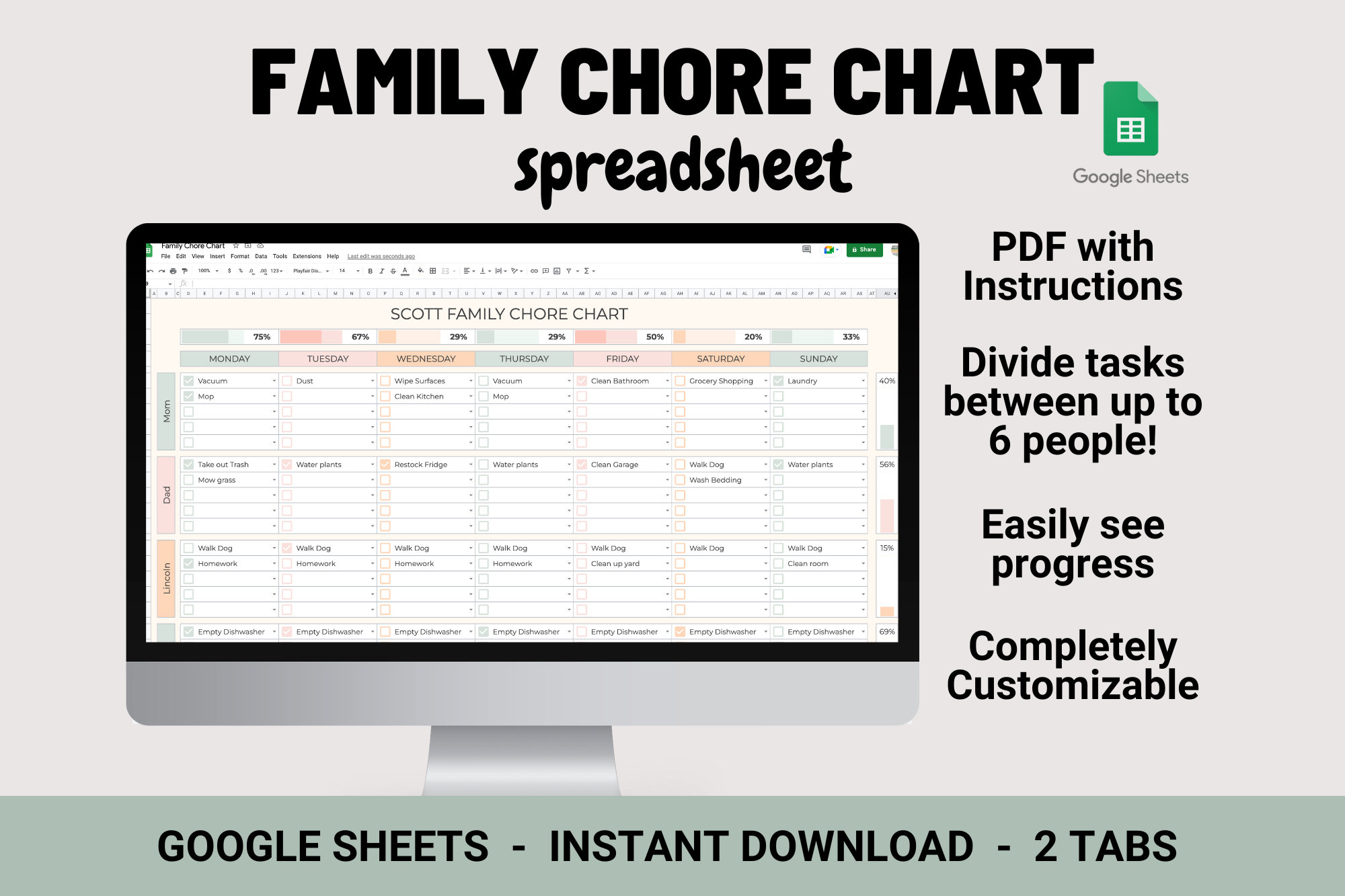 Family Chore Chart Google Sheets Customizable Spreadsheet Template ...
