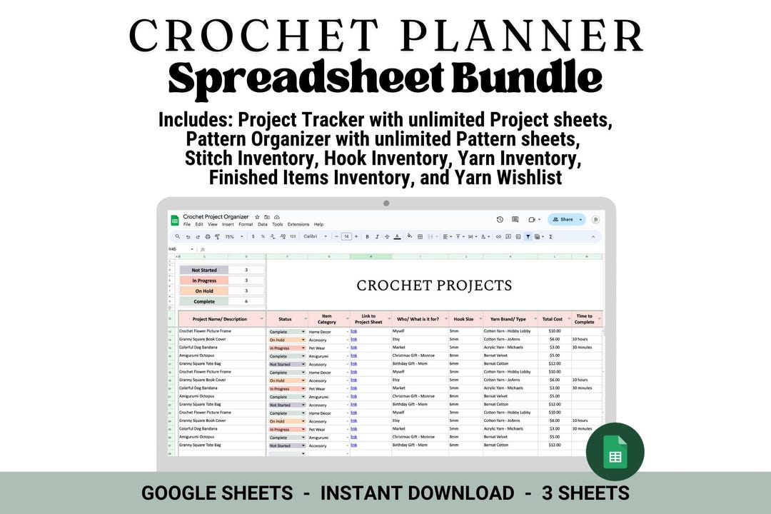 Crochet Planning Spreadsheet Bundle Google Sheets Crochet Inventory ...